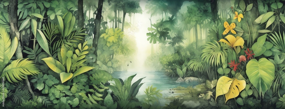 Rainforest, ecology, nature, bio-diversity background. Water color ...