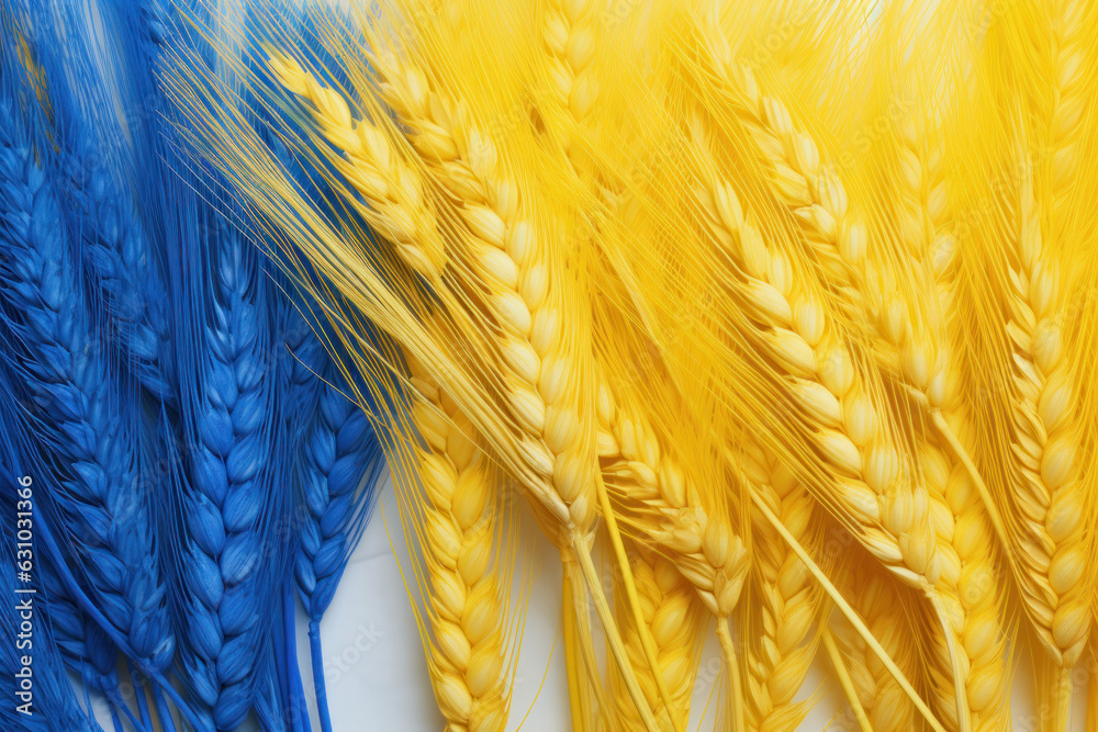 Ears of wheat on Ukrainian national flag. Symbols of Ukraine. AI ...