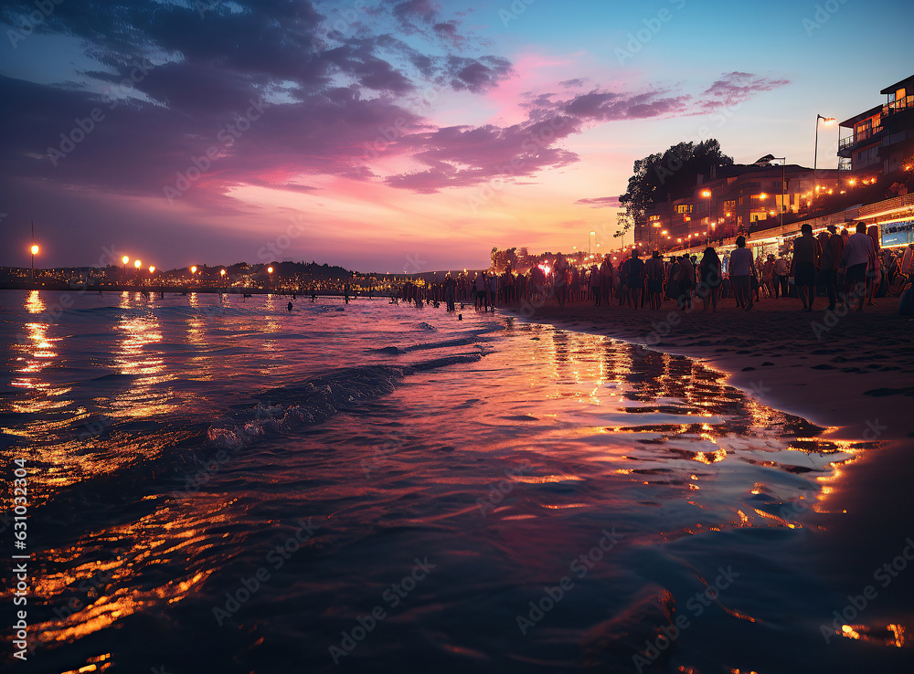 Beach Festivity. Shadows of people dancing by the shore, immersed in a ...