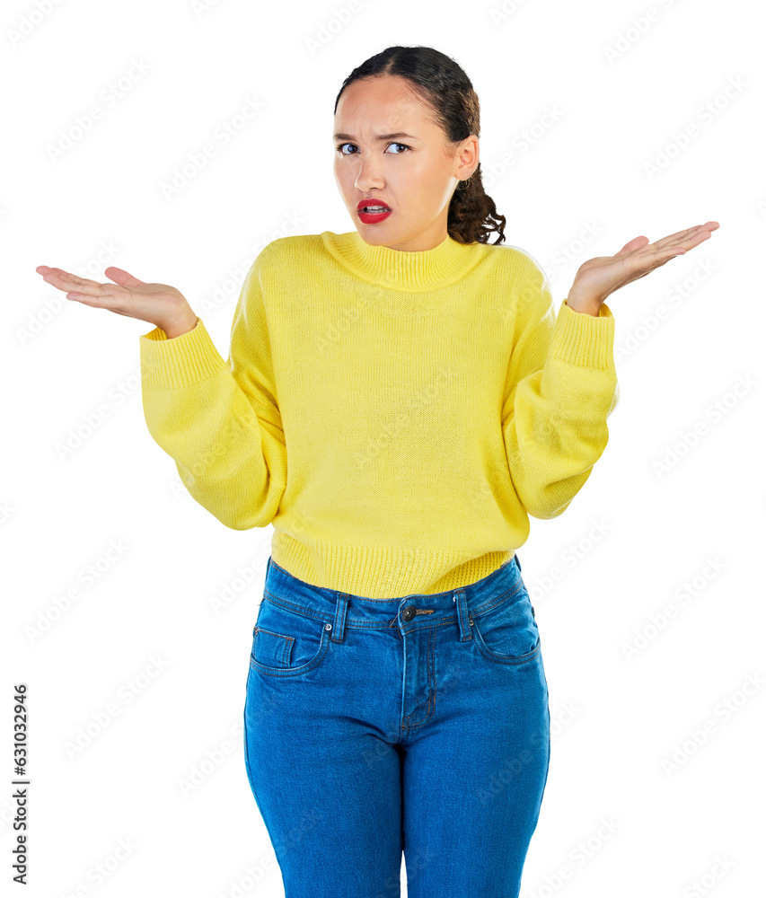Portrait, confused and frustrated, woman isolated on transparent png ...