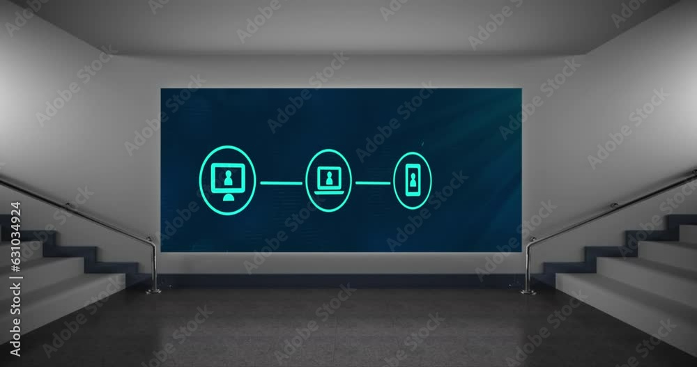 Animation of phone, laptop and computer icons forming flowchart over ...