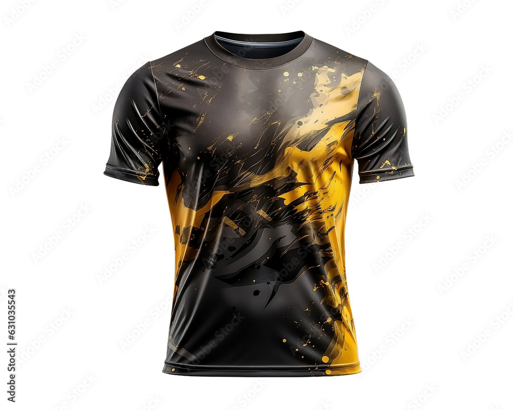 Mock up black jersey with yellow gold splash pattern and chest shape ...