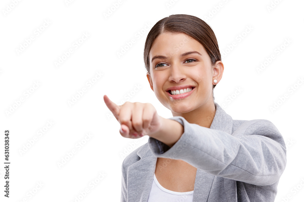 Employee, pointing and woman with a smile, opportunity and business ...