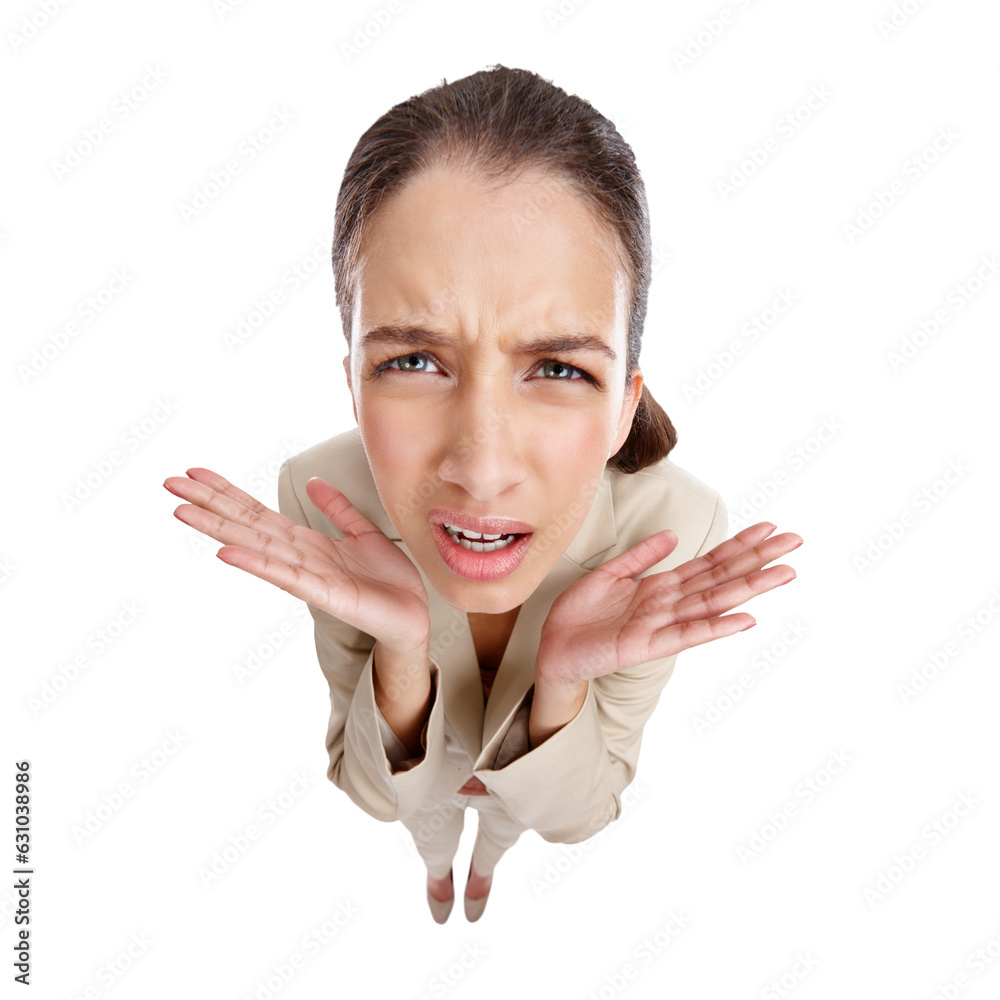 Confused, portrait and business woman in doubt in top view isolated on ...