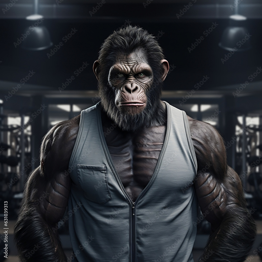 Fitness Monkey showcasing buff physique during intense gym workout ...