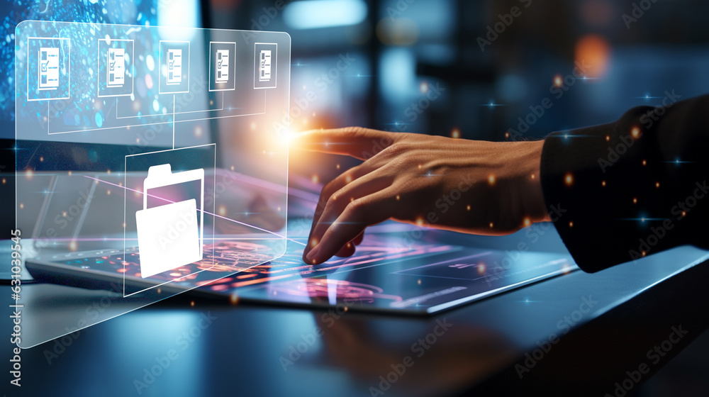 Hand using computer document management technology concept, Document ...