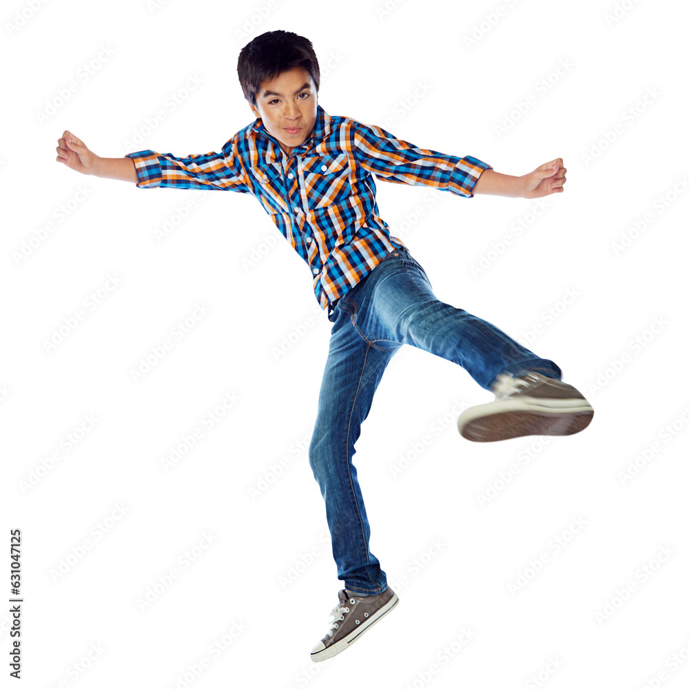 Portrait of boy, kid or jump with energy to kick while isolated on a ...