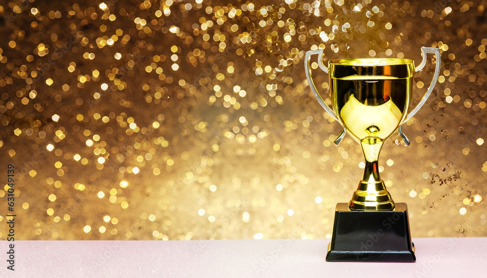 Gold Trophy competition on the abstract glitter background with copy ...