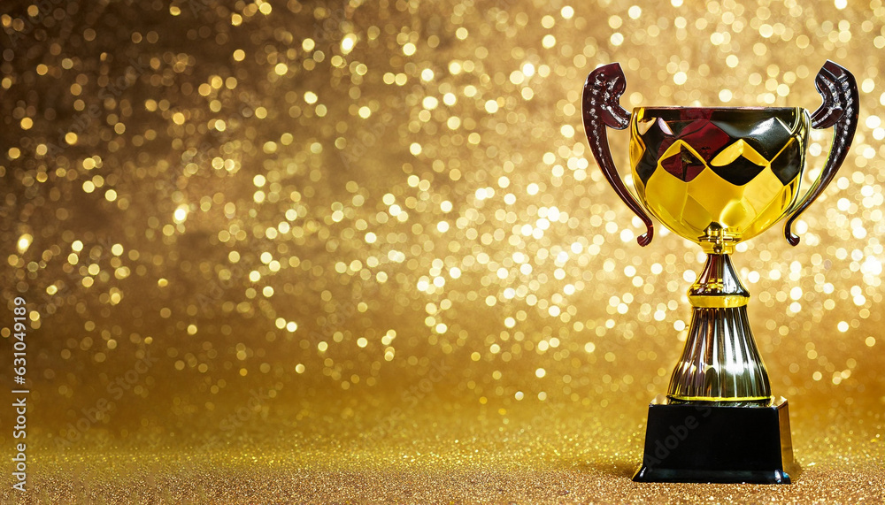 Gold Trophy competition on the abstract glitter background with copy ...