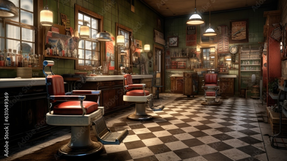 Barber shop interior with barber chair and equipment, banner , ai ...