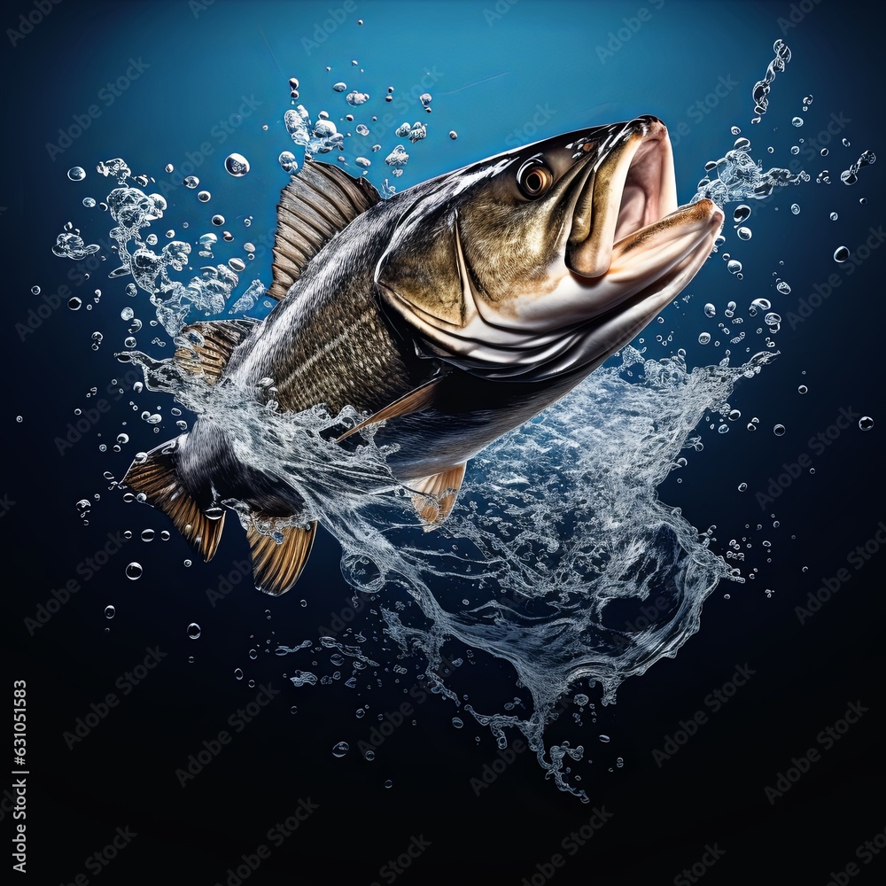 bass fish suspended in the air ripples and splash fishing shop logo ...