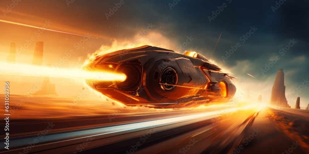 Full throttle. A sci-fi space ship on a runway or catapult accelerating ...
