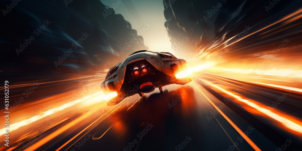 Full throttle. A sci-fi space ship on a runway or catapult accelerating ...