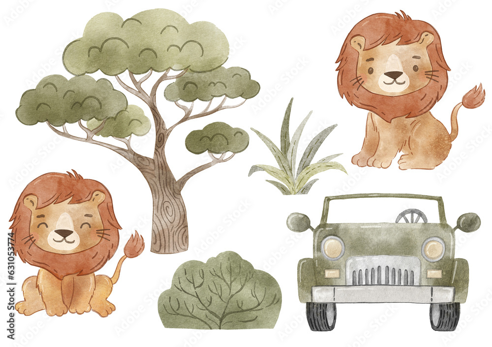 Watercolor lions characters, jeep, savanna plants. Safari landscape set ...
