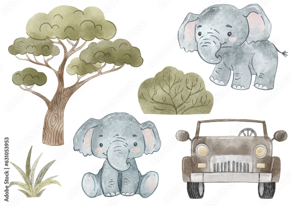 Cute safari elements collection. Watercolor elephants characters, jeep ...