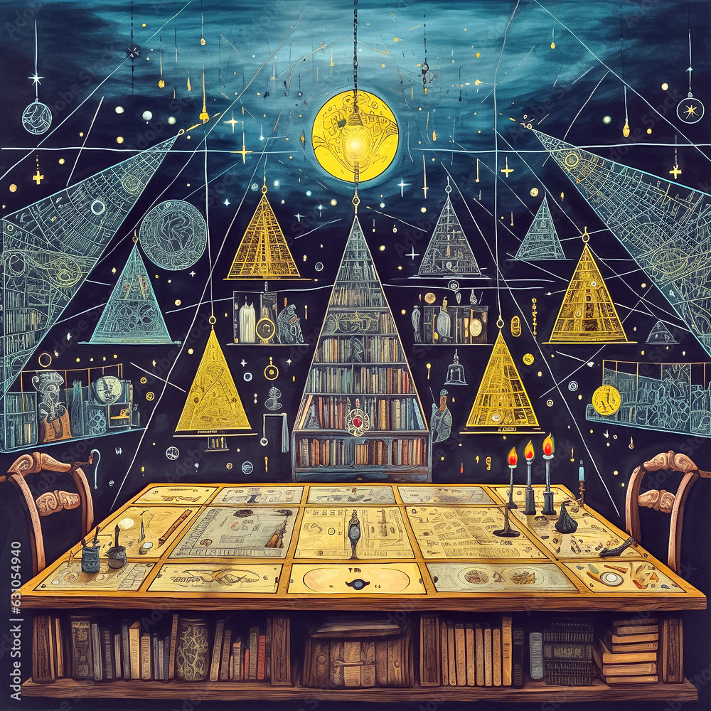 Whimsical illustration with mystical esoteric symbols. Table of ...