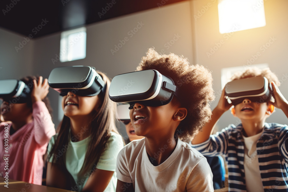back to school: kids of different races in a modern classroom using VR ...