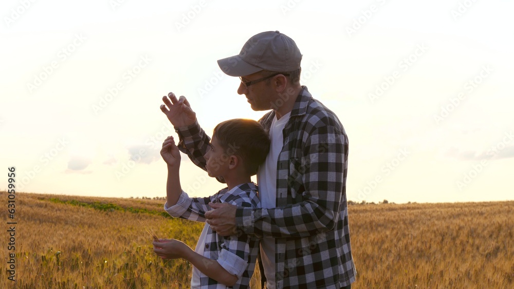 Family outdoor. Farmers at sunset. Father and son in a wheat field. The ...