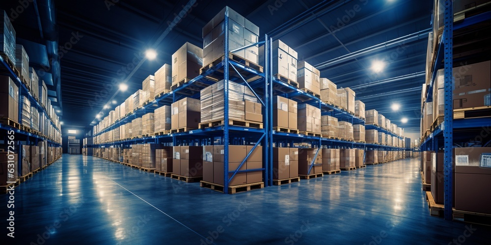 Warehouse or storage and shelves with cardboard box. tacked boxes on ...