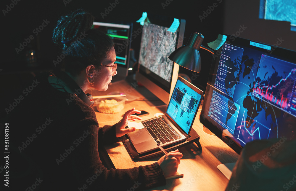 Cybersecurity, woman and computer with global info with map graphic for ...