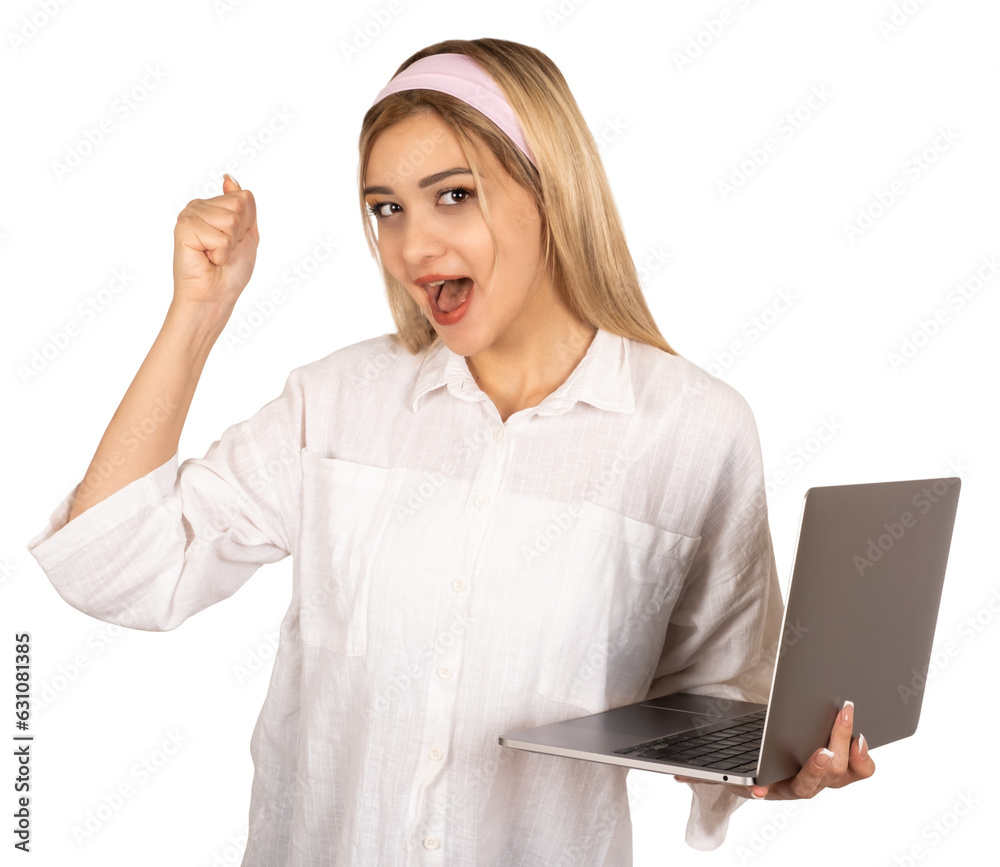 Winner gesture, young smiling happy blonde girl freelancer copywriter ...