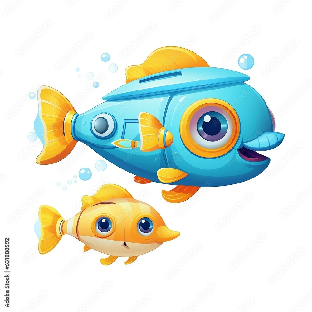 Set of cartoon submarine in fish shape, cute vector illustration of a ...