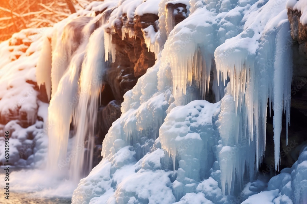 In the midst of polar cold, a breathtaking frozen waterfall stands as a ...