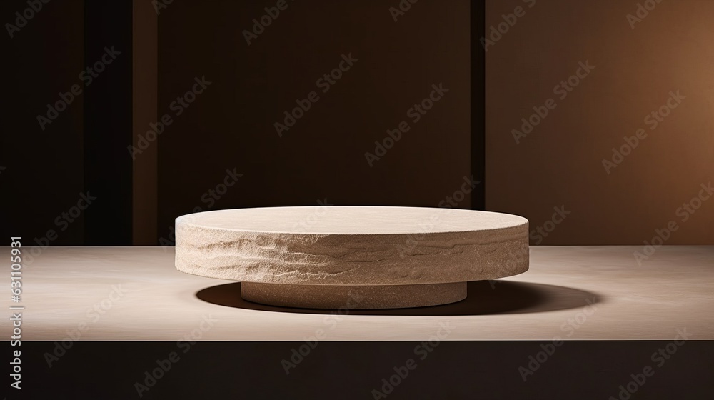 Beautiful round wooden tabletop counter on interior in clean and bright ...
