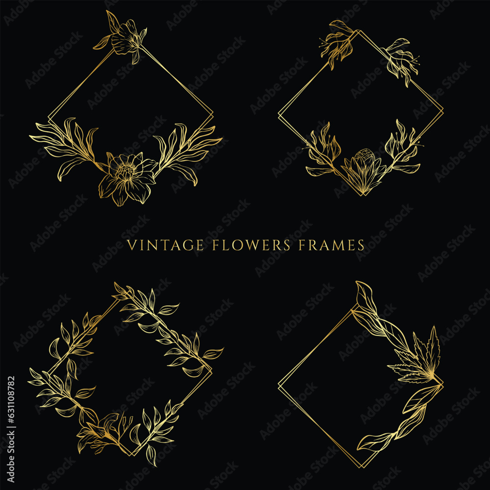 Vintage Floral Frame Wedding Golden Frame. Flower Frame Background ...