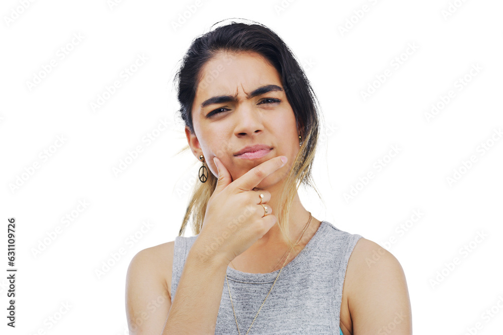 Portrait, thinking and woman with doubt, confused and model isolated on ...