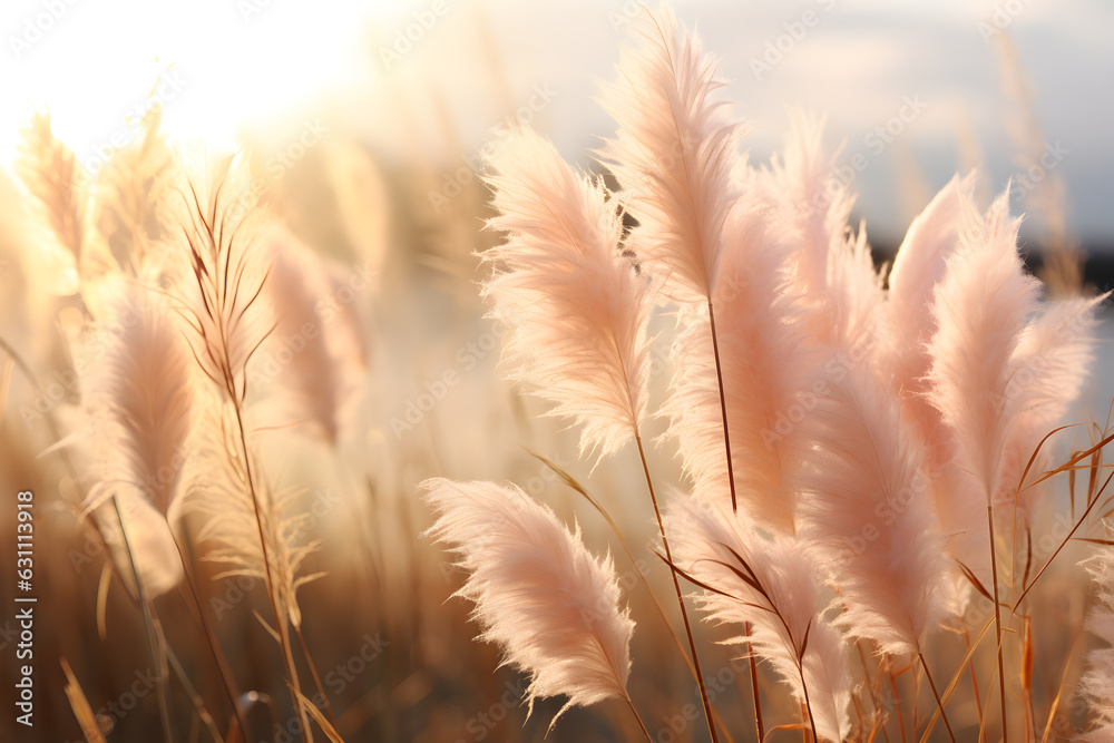 Pampas grass outdoor in light pink pastel colors. Dry reeds boho style ...