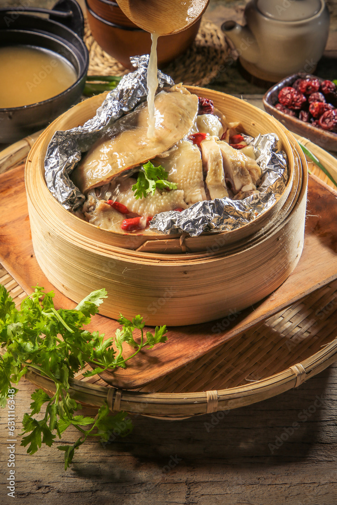 asian traditional double boiled herbal kampong chicken hot healthy soup ...