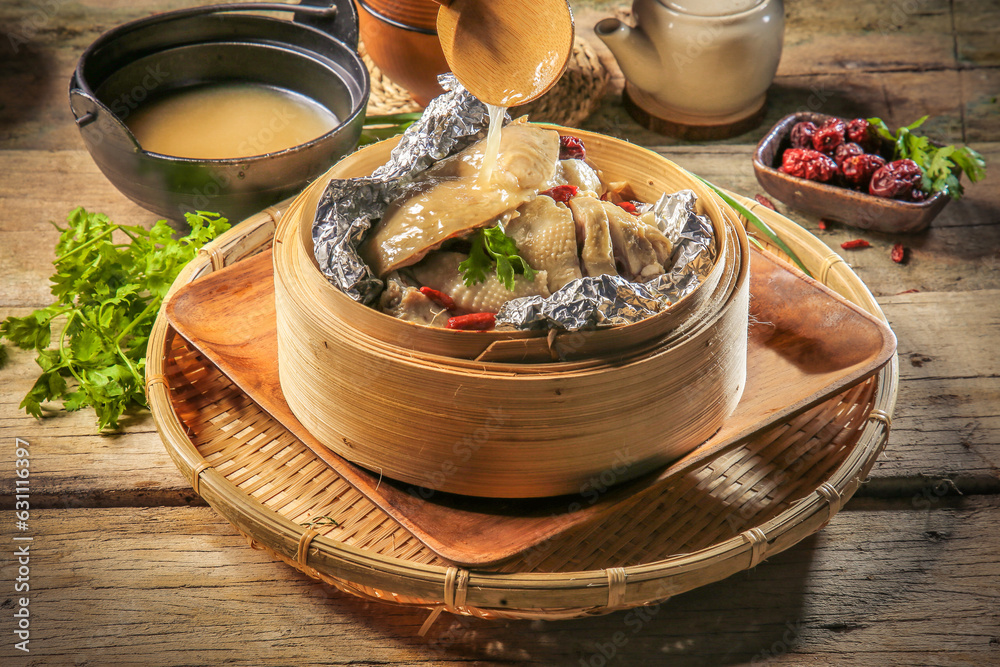 asian traditional double boiled herbal kampong chicken hot healthy soup ...