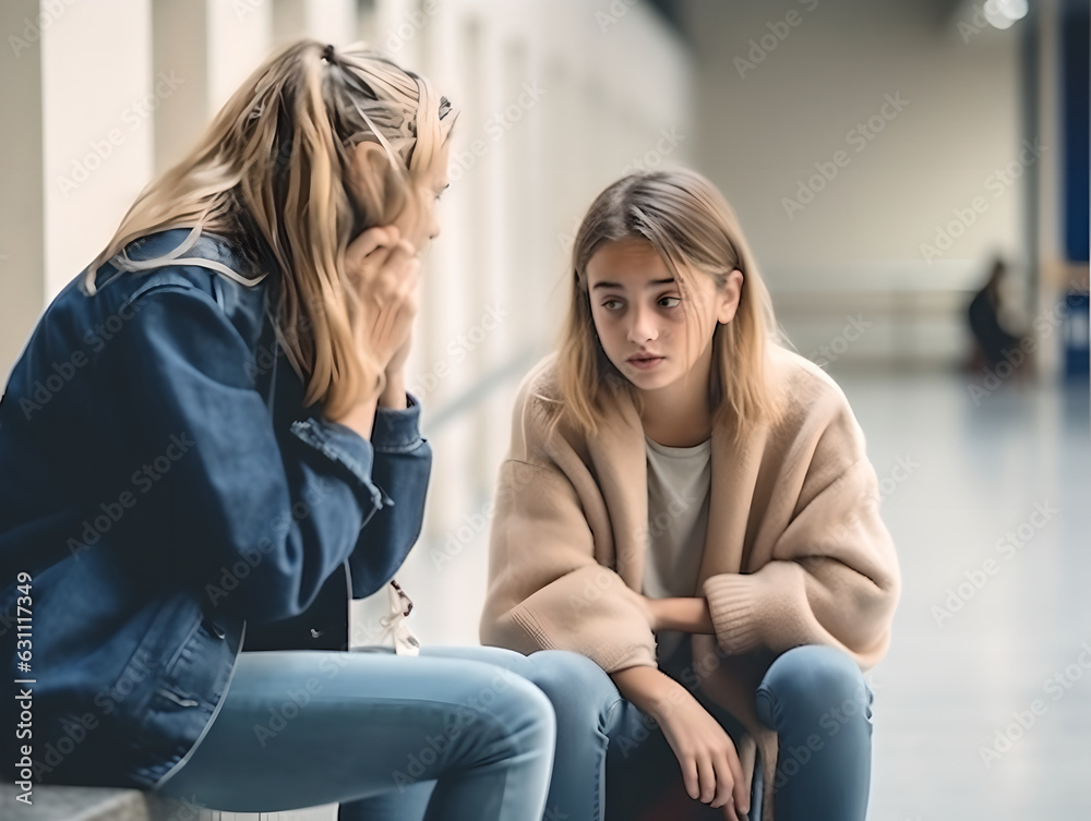 Sad student talking to her teacher for support. trust or counseling in ...