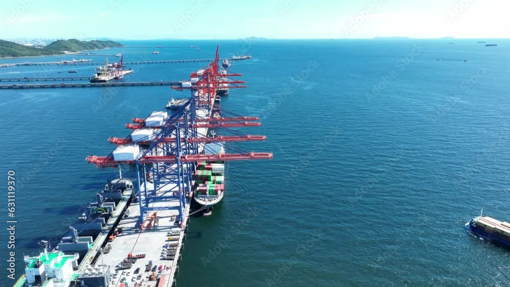 Cargo container Ship running on Bridge Cargo Shipyard. Container ship ...