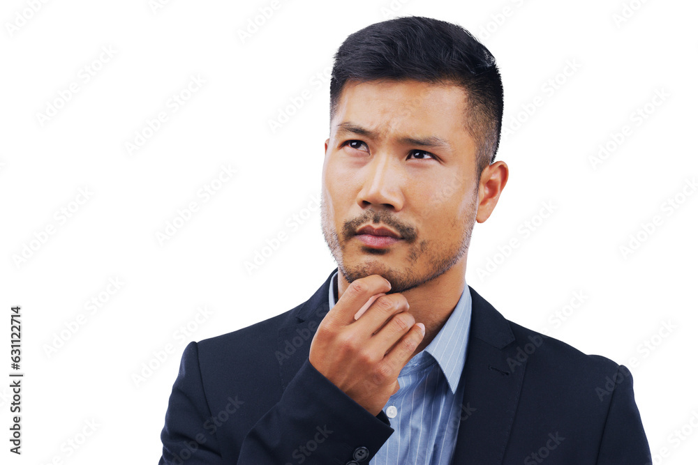 Thinking, vision and business man ideas, solution or decision isolated ...