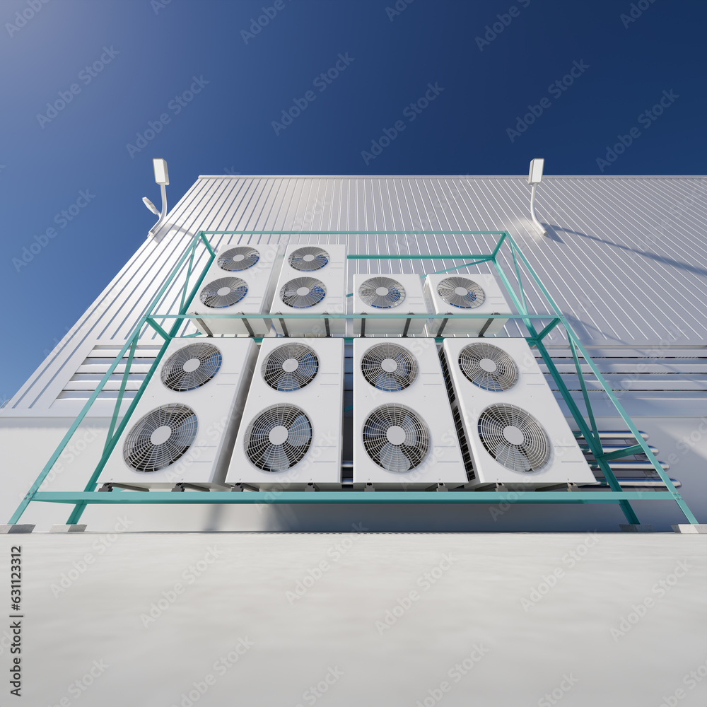 3d rendering of condenser unit or compressor outside factory plant ...