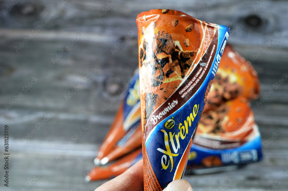 Cairo, Egypt, July 27 2023: Extreme Nestle chocolate ice cream cone ...