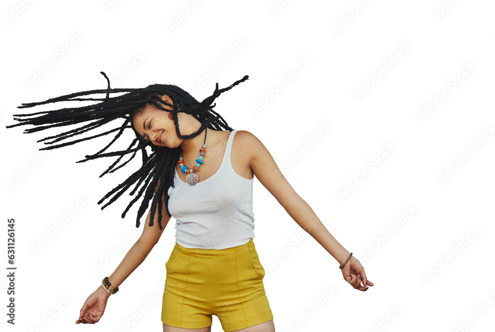 Smile, dancing and woman with dreadlocks hair isolated on a transparent ...