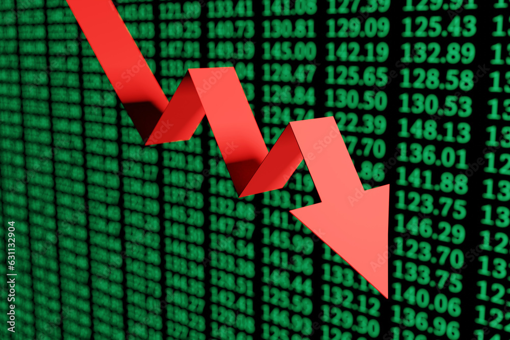 Red Down Arrow In Front Of A Green Screen Of Stock Prices Illustration