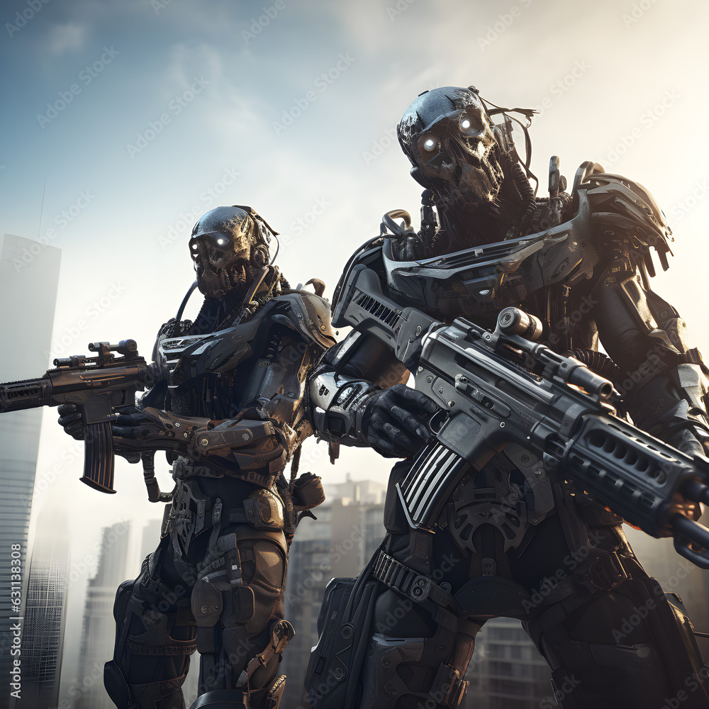 cyborg holding machine guns standing on top of a building Stock Photo ...