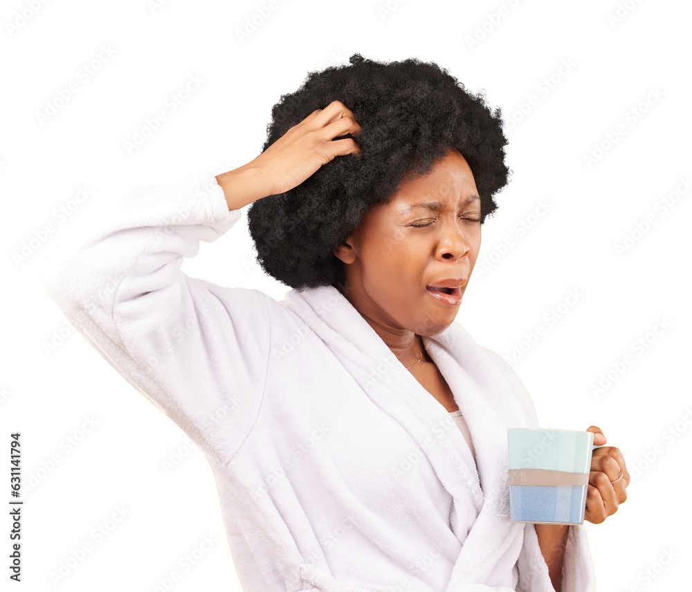 Tired, wake up and morning with black woman and coffee on png for ...