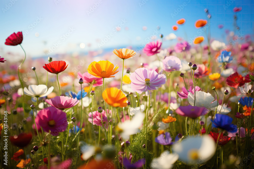 Sunlit Field Of Wildflowers In Various Vibrant Colors. Generative AI ...