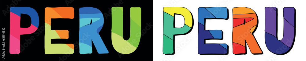 PERU. Set 2 in 1. Bright funny cartoon color doodle isolated text ...