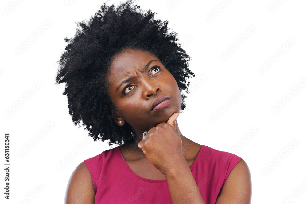 Black woman, thinking and confused with a decision or choice isolated ...
