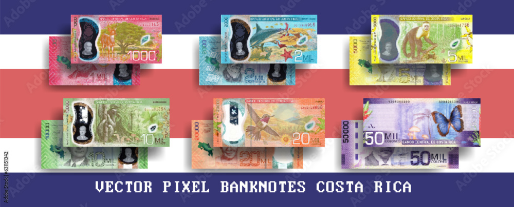 Vector pixel mosaic set of Costa Rica banknotes. Bills in denominations ...