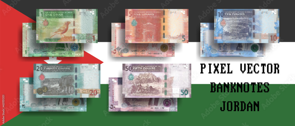 Vector pixelated mosaic set of Jordan banknotes. Banknotes in ...