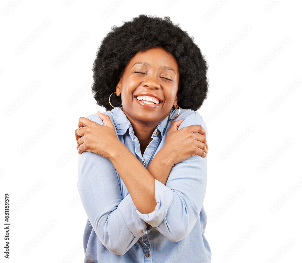 Smile, hug and peace with black woman and self love on png for care ...