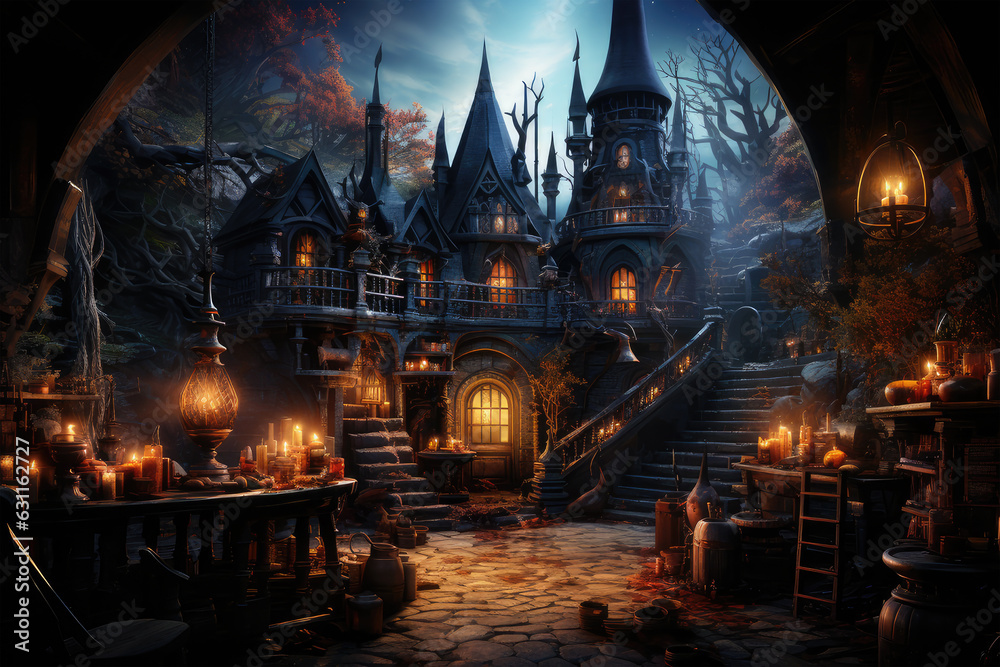 A Halloween sublimation in a haunted carnival at twilight, the last ...
