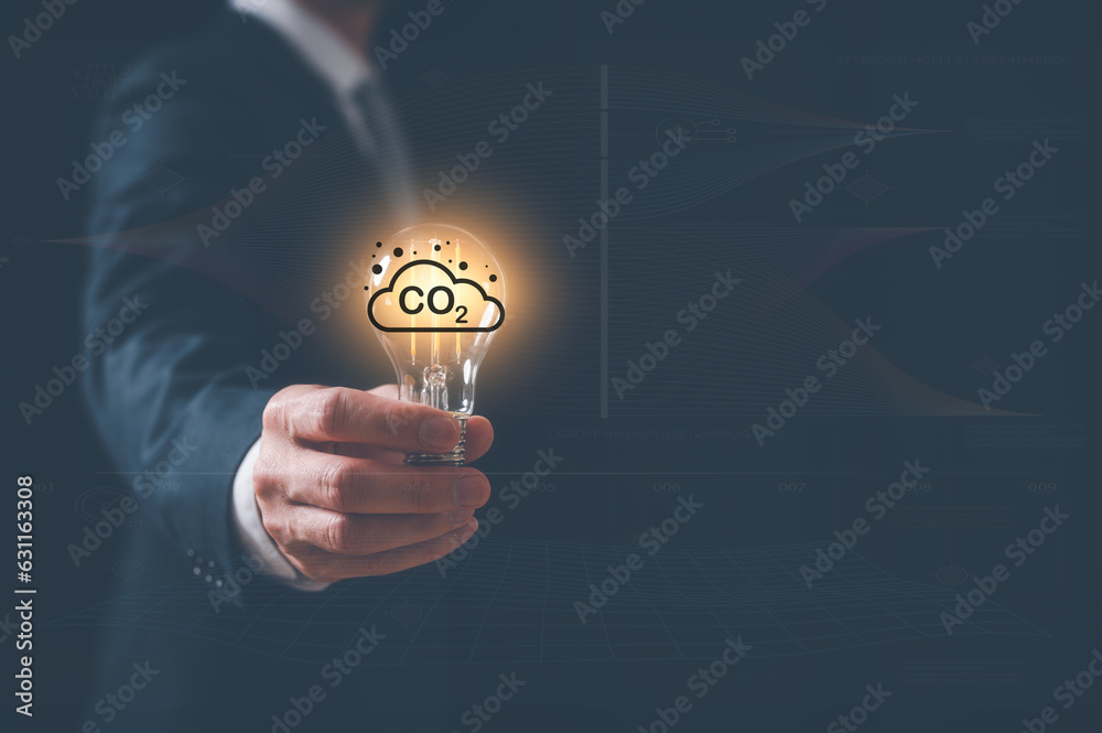hand holding light bulb sign of CO2 reducing icon concept of decrease carbon dioxide emission ...